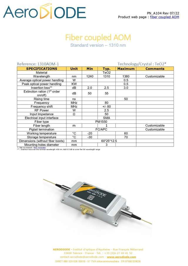 Aerodiode 1310 nm声光调制器AOM介绍