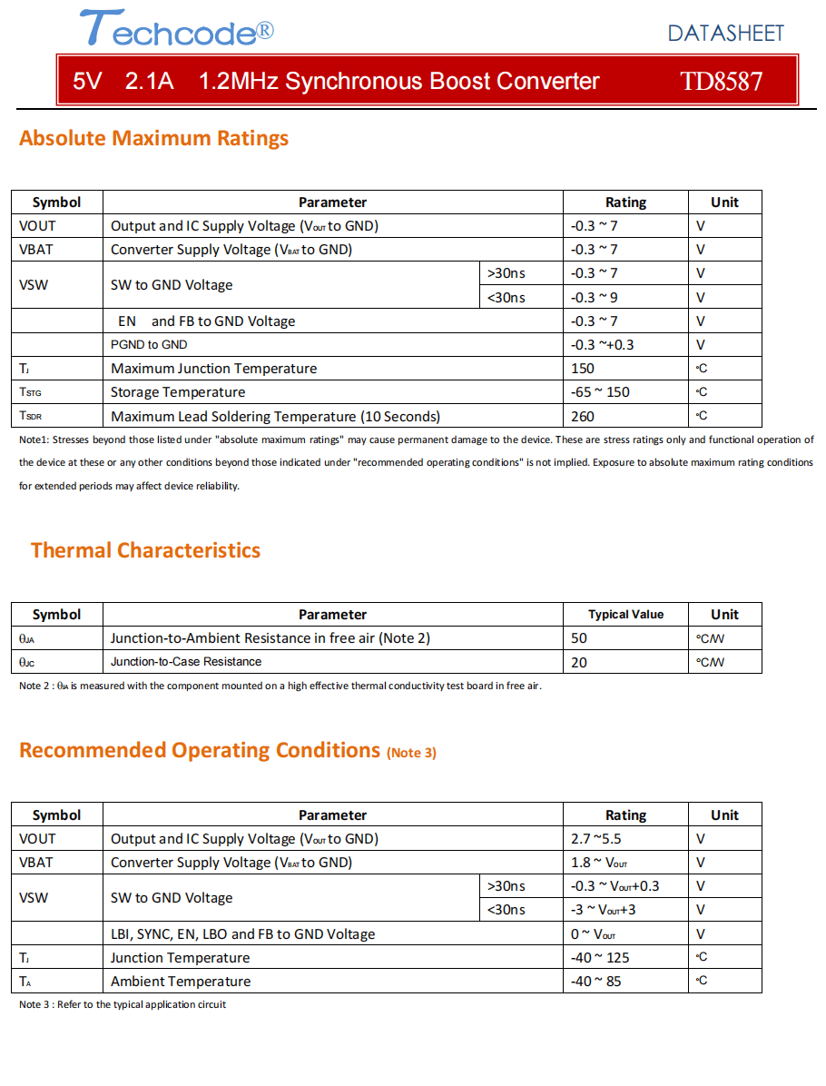 TD8587 ESOP-8 5V 2.1A 1.2MHz同步升压转换器 百盛电子代理_输出_电流_负载
