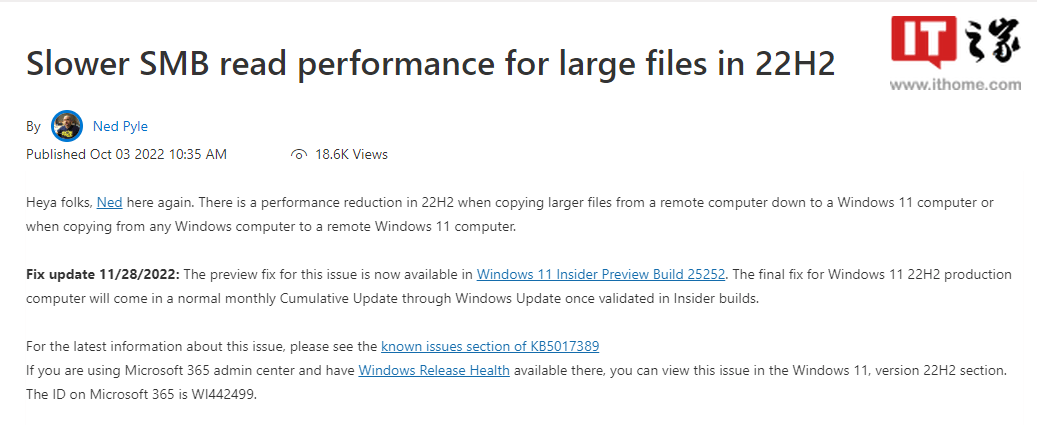 微软正在修复 Win11 22H2 文件复制的内核错误 Bug_问题_用户_Ned