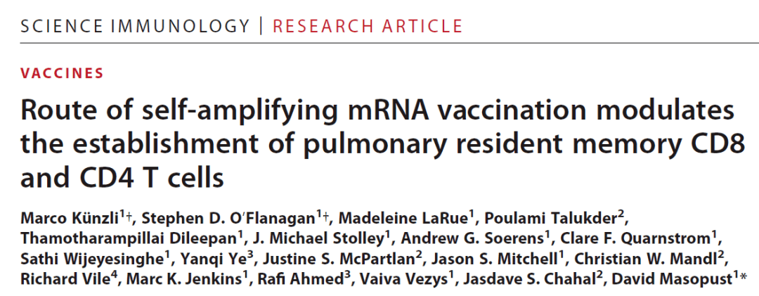 Sci Immuno | 肌肉和鼻内接种mRNA疫苗相结合可诱导更多肺部驻留记忆T细胞_免疫_途径