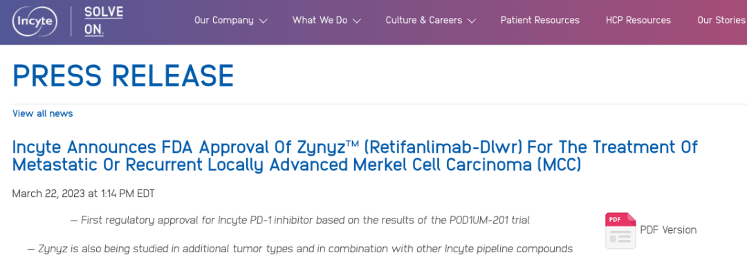 Incyte PD-1 单抗获 FDA 批准上市_患者_Zynyz_Insight