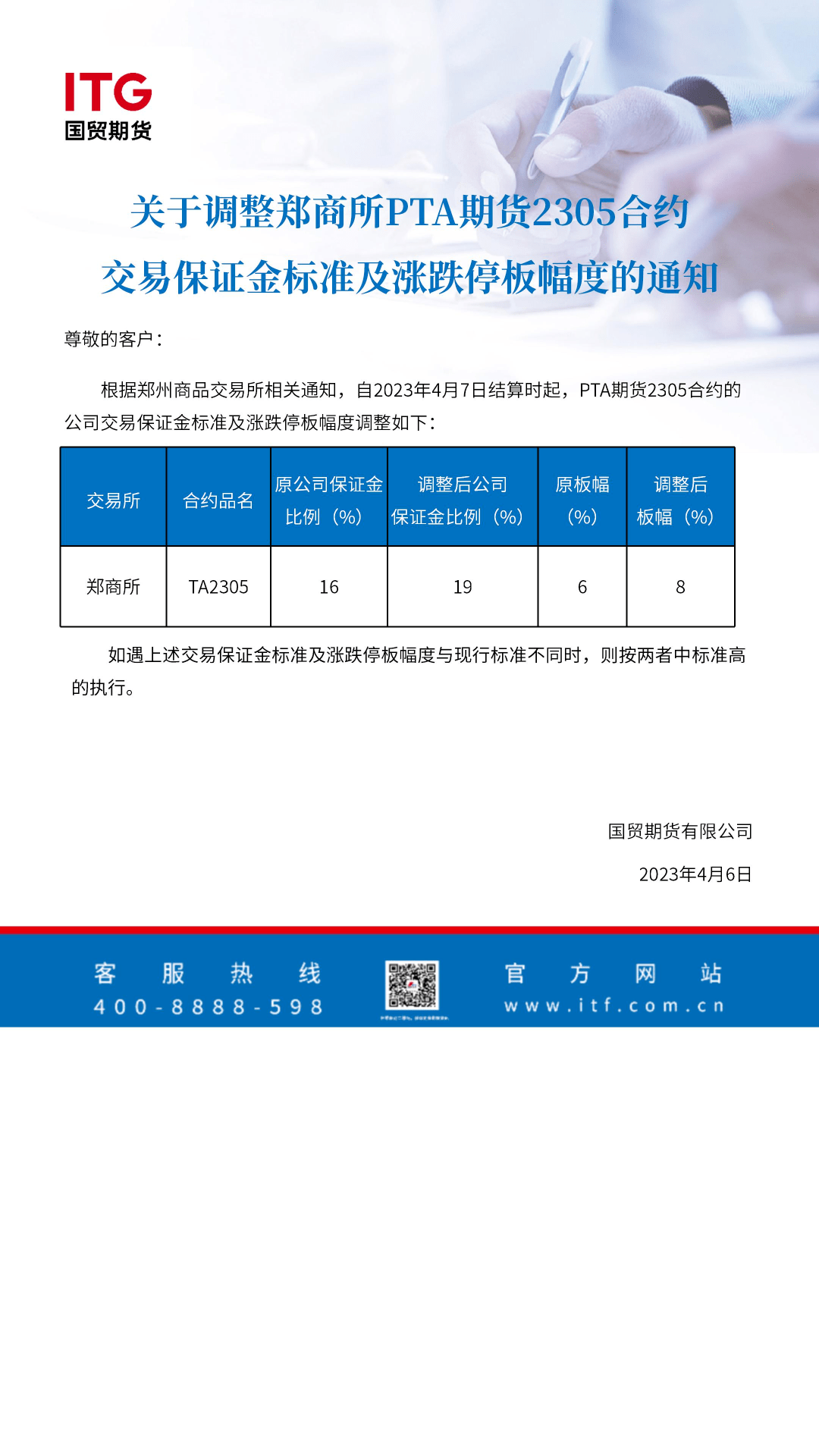 交易提示 | 关于调整郑商所PTA期货2305合约交易保证金标准及涨跌停板幅度的通知_投资_风险_需谨慎